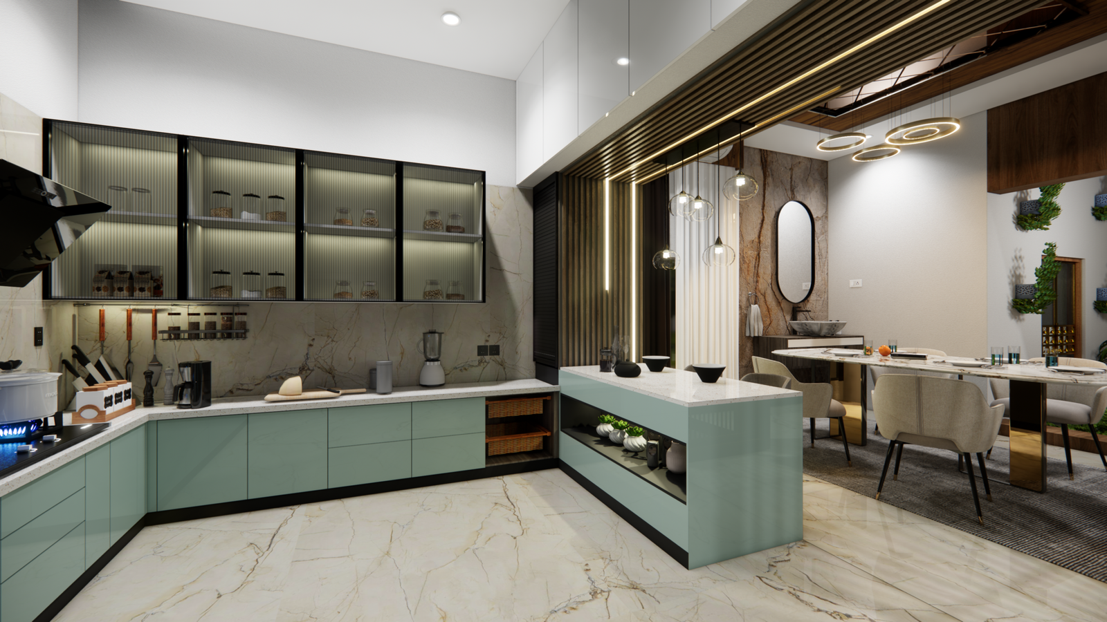 Modular Kitchen with Glass Shelf - Home One Interior & Furniture